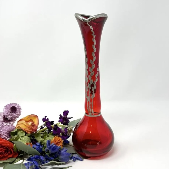 Accents | Viking Glass Ruby Red Vase Stretch Swung Sterling Overlay ...